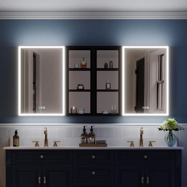 ANGELES HOME 64 in. W x 30 in. H Rectangular Black Aluminum Recessed/Surface Mount LED Medicine ...