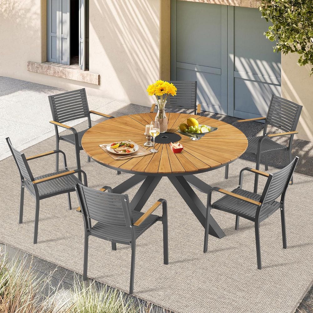 PEAK HOME FURNISHINGS ELOE Black 7-Piece Aluminum Outdoor Dining Set RA-970489S-970484-BK - The ...