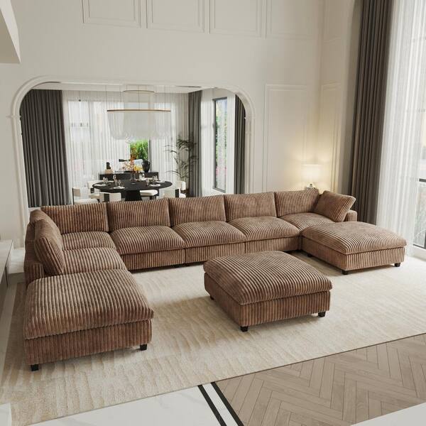 Magic Home 197 in. Oversized Square Arm Plush Soft Velvet L Shaped Sectional Sofa 9 Seater with Ottoman Washable Covers in Brown MH 141TA SF6 3 The Home Depot