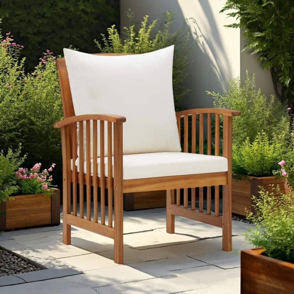 Benjara Mia Brown Wood Outdoor Lawn Chair with White Cushions (Set of 2 ...