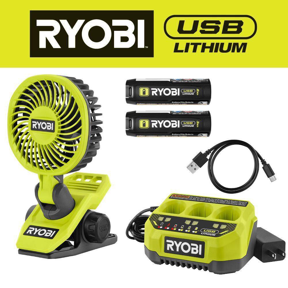 RYOBI USB Lithium Clamp Fan Kit with 2.0 Ah USB Lithium Battery ...