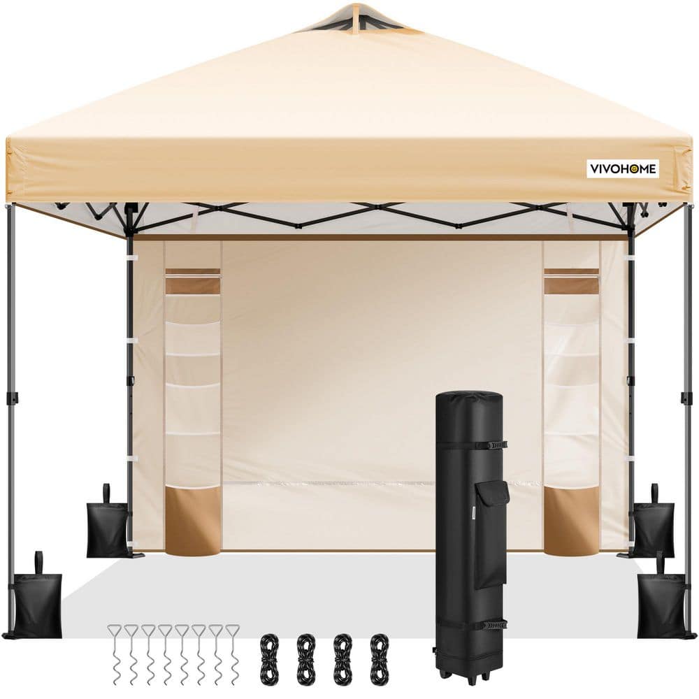 VIVOHOME 8 ft. x 8 ft. Outdoor Portable Beige Easy Setup Pop Up Canopy with Detachable Sidewall ...