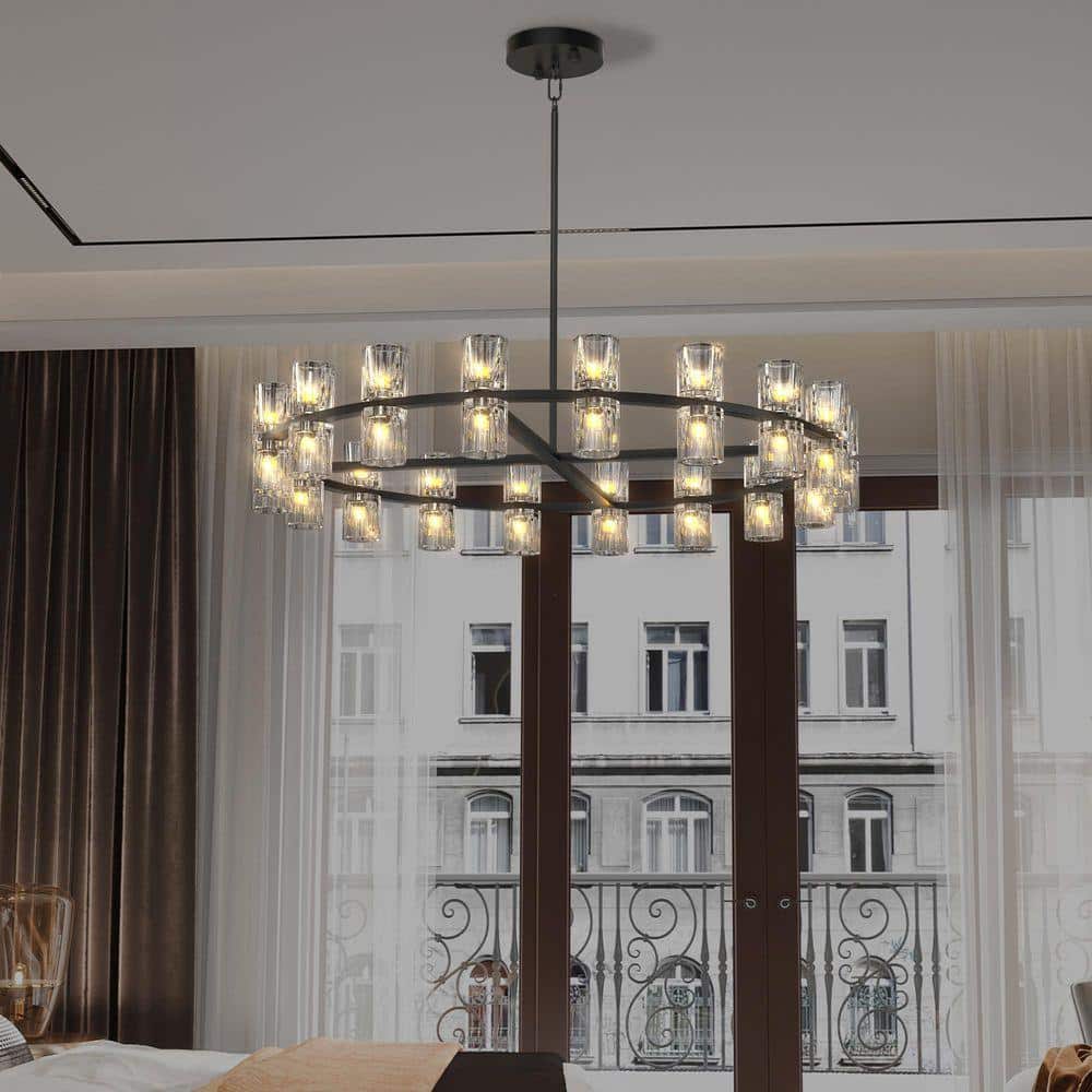 Gloweer 36 in. Black LED Crystal Chandelier, Large Farmhouse Wagon ...