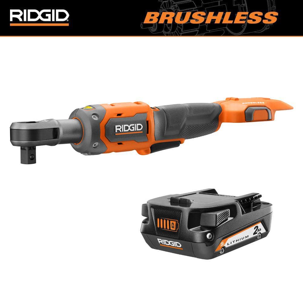 RIDGID 18V Brushless Cordless 1/2 in. Ratchet with 2.0 Ah Lithium-Ion ...