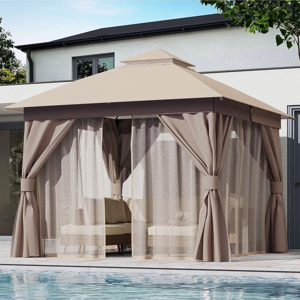 LAUSAINT HOME 10 ft. x 10 ft. Khaki Outdoor Patio Gazebo with Double ...