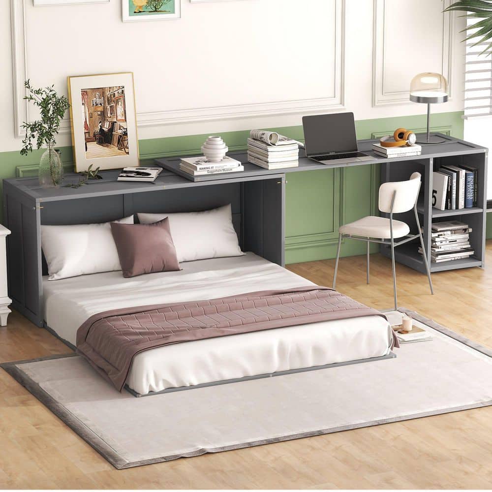 Noble House Verda Gray Wood Frame Queen Size Murphy Bed with Rotable ...