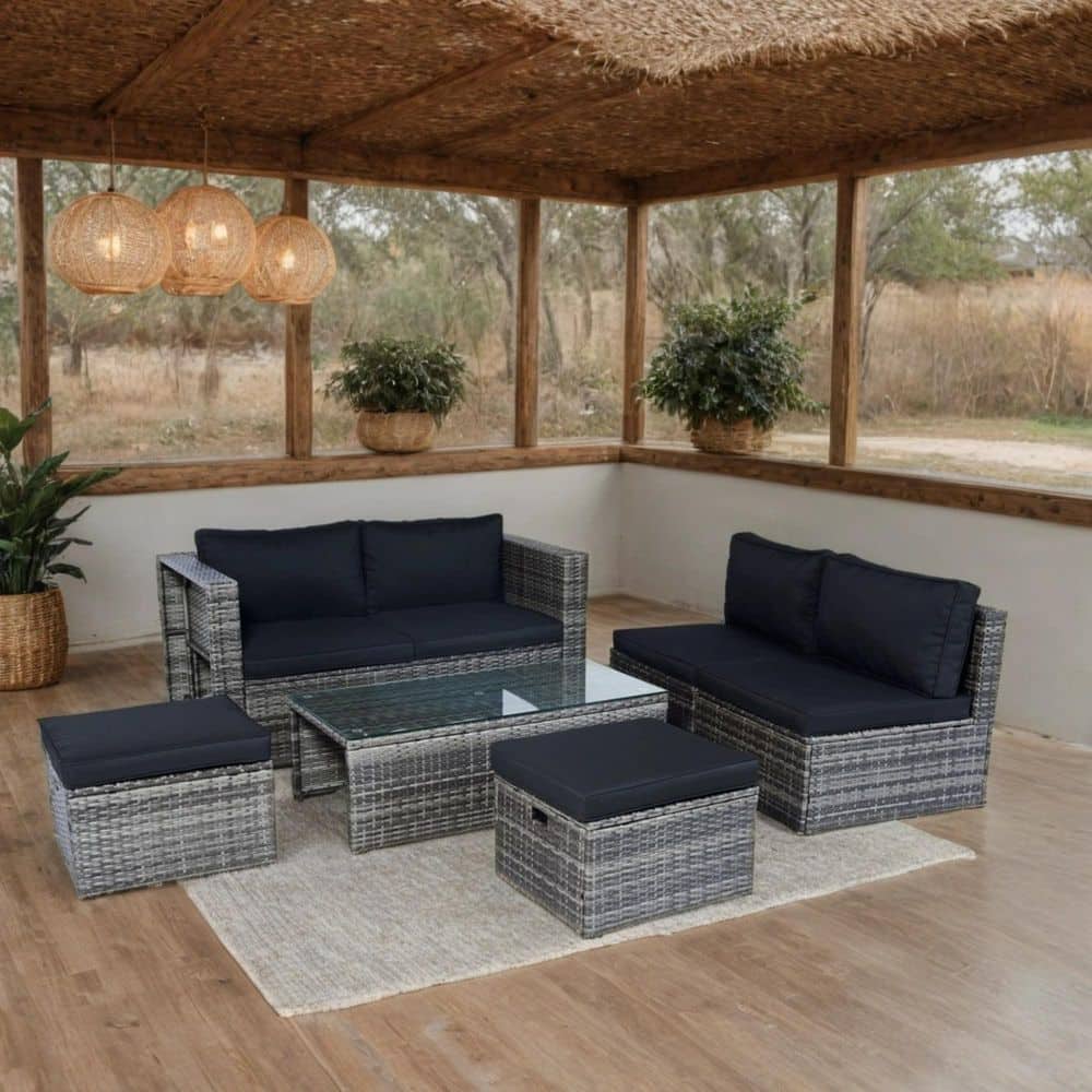 6-Piece Wicker Outdoor Patio Sectional Sofa Set with Glass Coffee Table, Lounge Set Space Saver ...