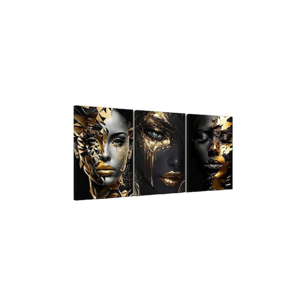 3-Piece Black Gold African American Woman Wall Art Fashion Black Girl Golden Jewellery Canvas ...