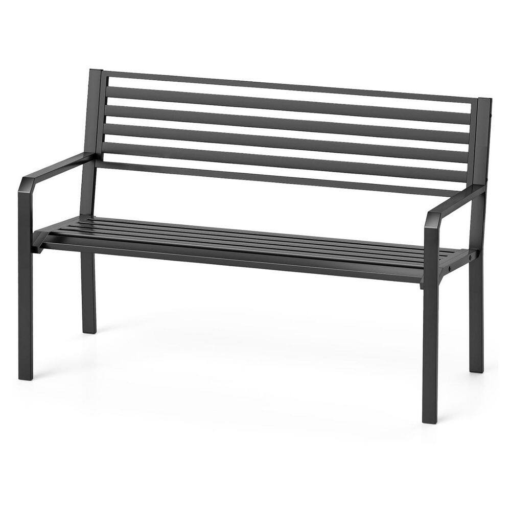 50 in. W Black Metal Outdoor Garden Bench with Slat Backrest D0F3TKXJF8 ...