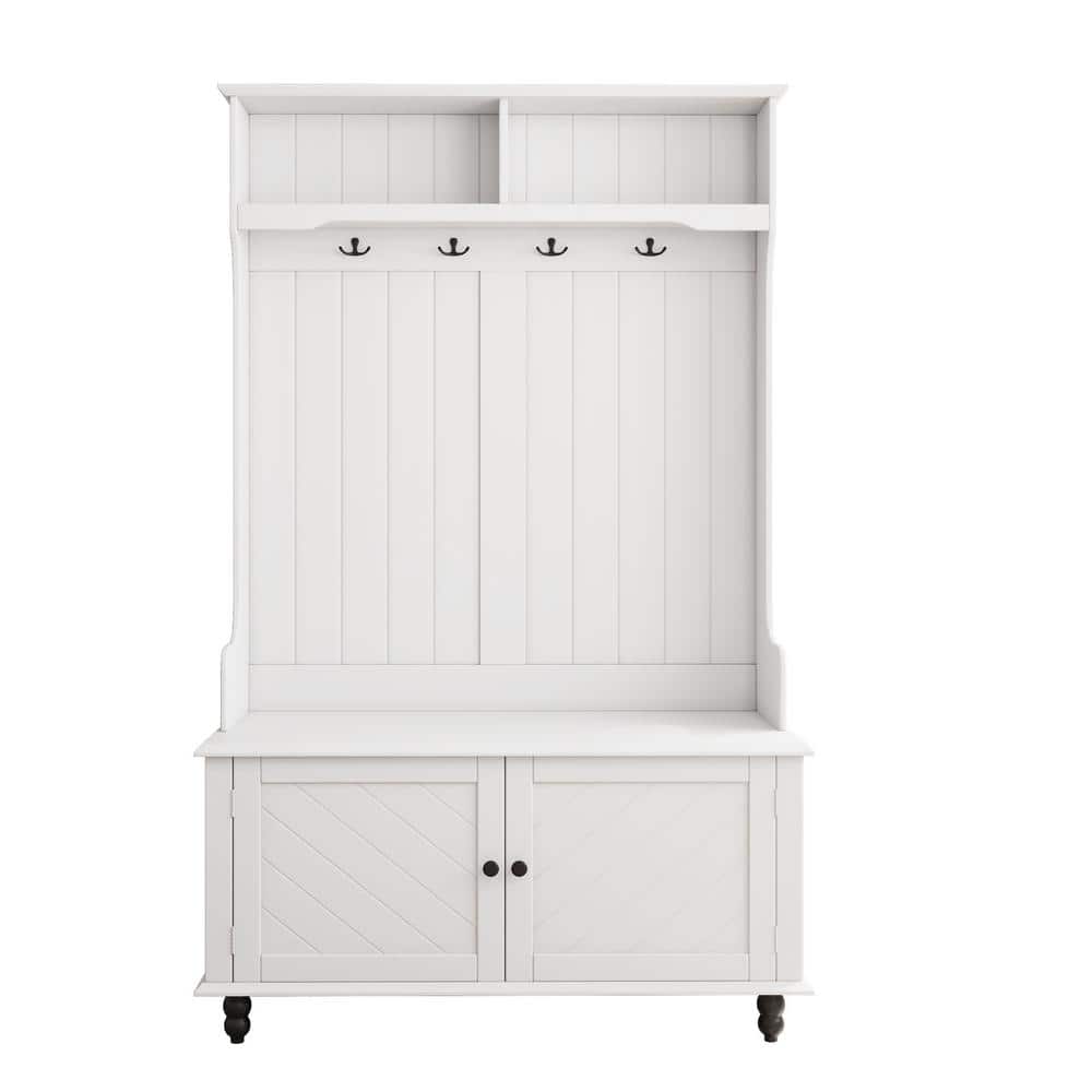 wetiny White Hall Tree with 4-Hooks, Coat Hanger, Entryway Bench ...
