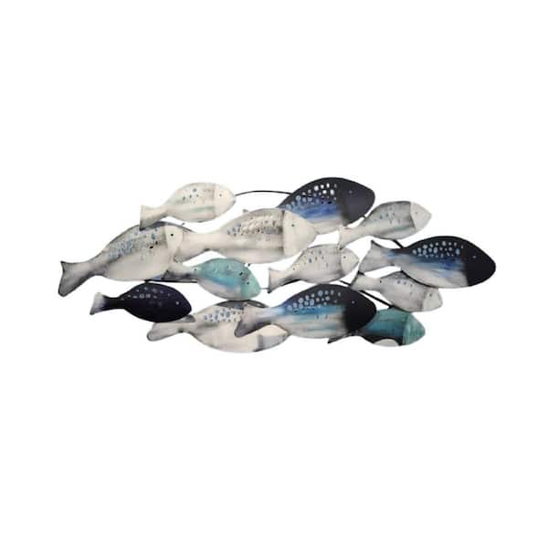 20 in. x 50 in. Blue Metal Coastal Ocean 3D Fish with Wall ...