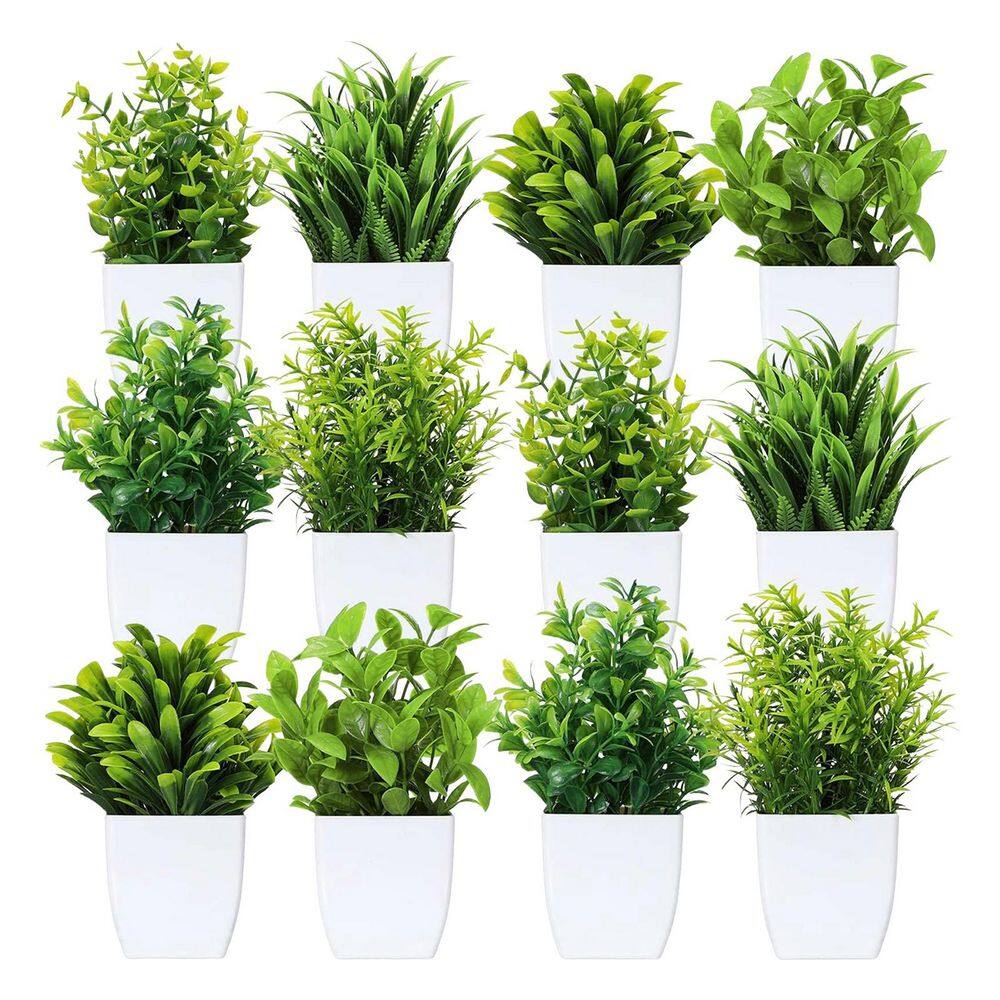 6.7-7.5 in. Green Indoor Artificial Shrub 12-Pack Mini Plastic Potted ...