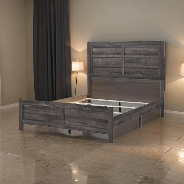 Benjara Gray Wood Frame Queen Platform Bed with Tufted Headboard ...