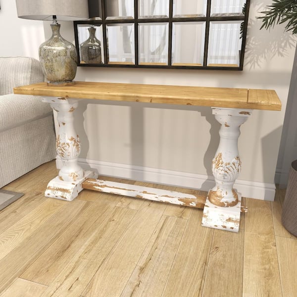 Litton Lane 59 in. White Large Rectangle Wood Distressed Console Table ...