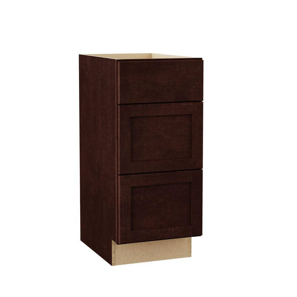 Hampton Bay Shaker 15 in. W x 21 in. D x 34.5 in. H Assembled 3-Bath Drawer Base Cabinet in Java ...