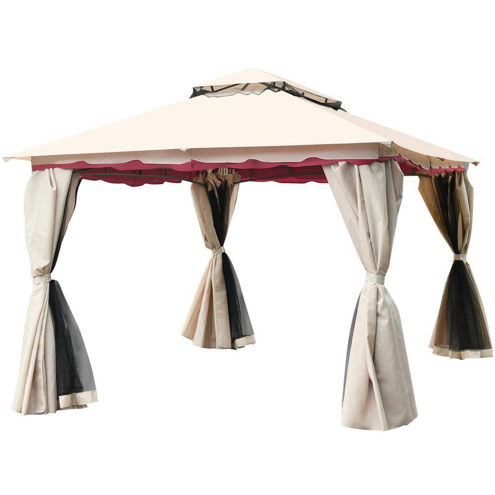 Gymax 13 ft. x 10 ft. Sand Color Beige Outdoor Canopy Gazebo Art Steel ...
