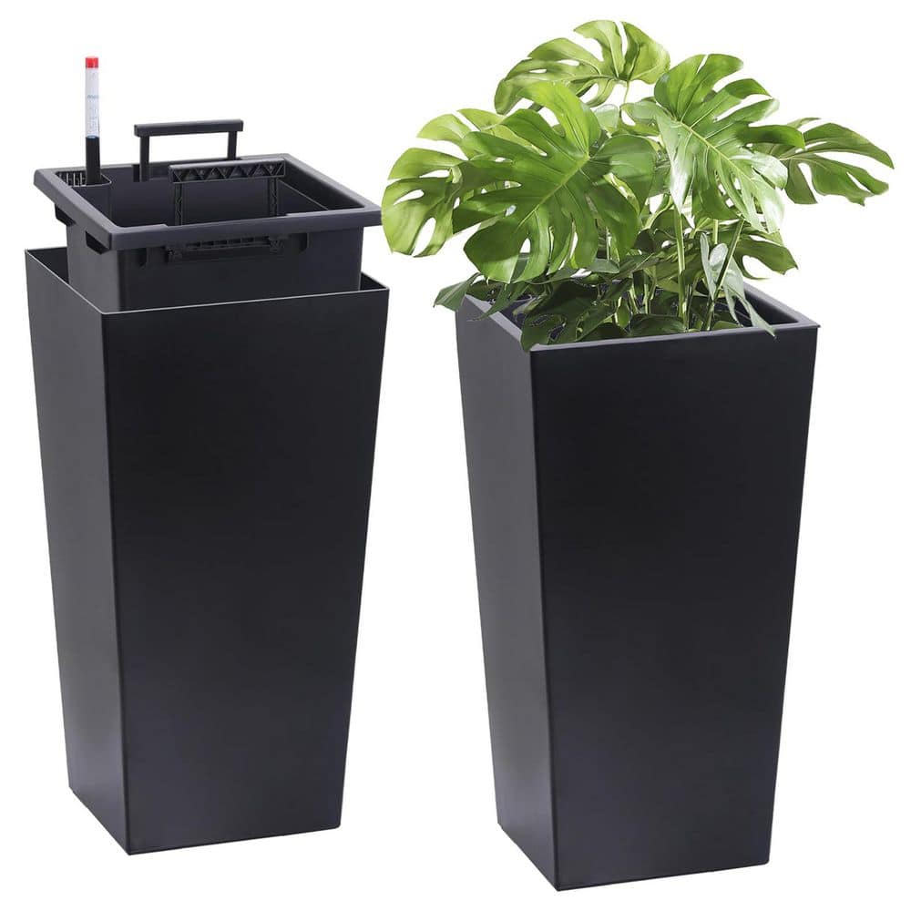 Jushua (2-Pack) 22 in. H Outdoor/Indoor Black Plastic Planter with Drainage Holes, Water Level ...