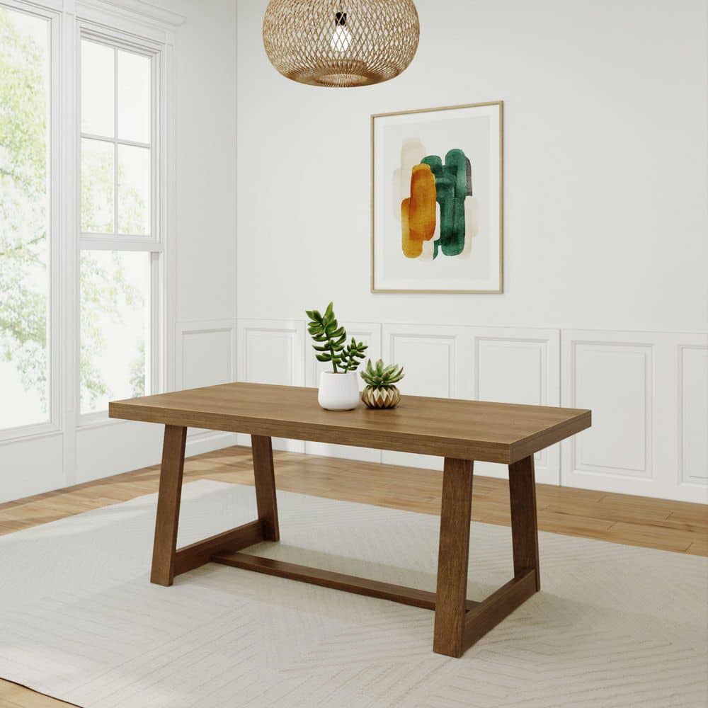 PLANK+BEAM Classic Rectangle Pecan Wirebrush Wood 72 in. Trestle Dining Table Seats 6 2800301000 ...