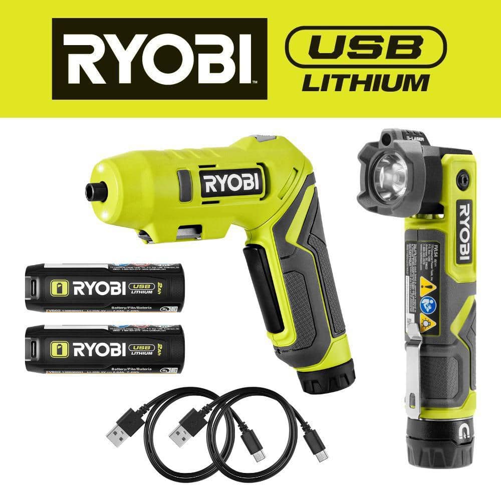 RYOBI USB Lithium 2-Tool Combo Kit with Screwdriver, LED Flashlight, (2 ...
