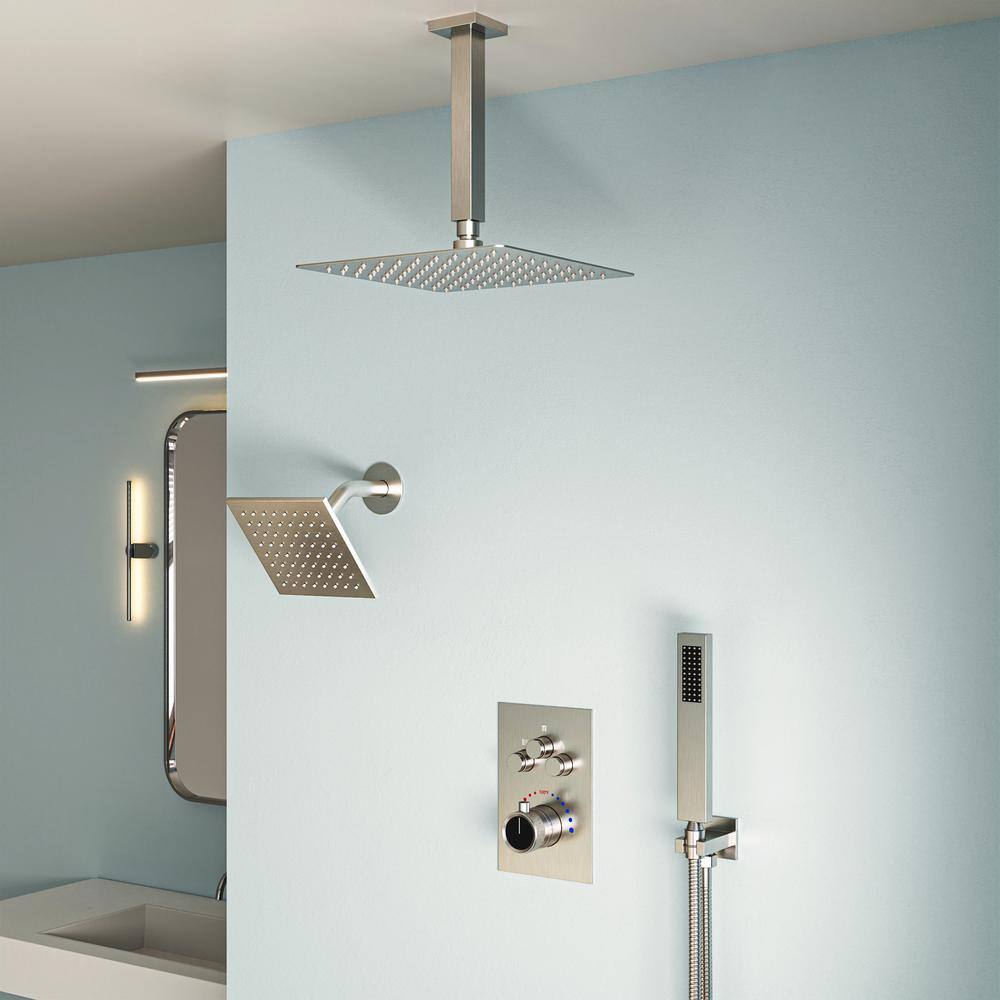 EVERSTEIN 7-Spray Patterns Thermostatic 12 in., 6 in. Ceiling Mount Fixed and Handheld Shower ...