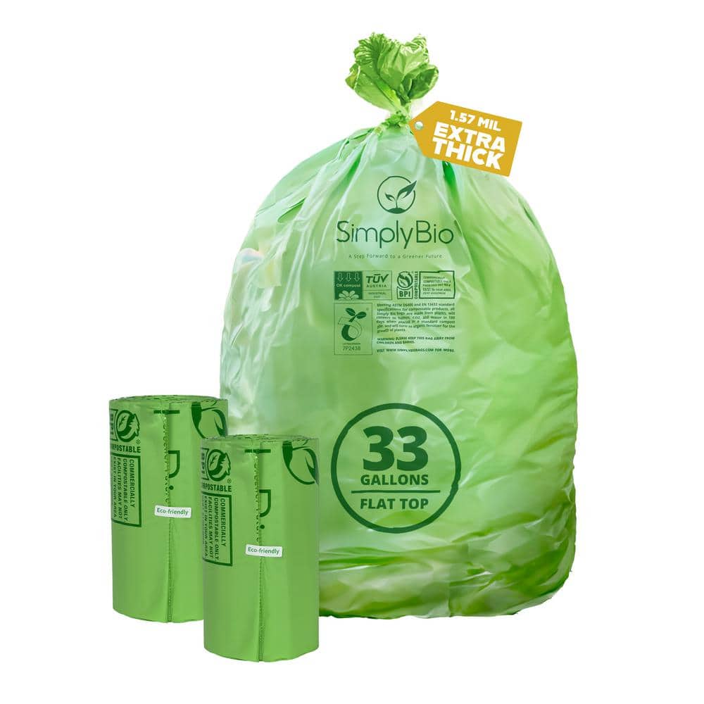 Simply Bio 33 Gal. Compostable Trash Bags, Flat Top Heavy-Duty 1.57 Mil ...