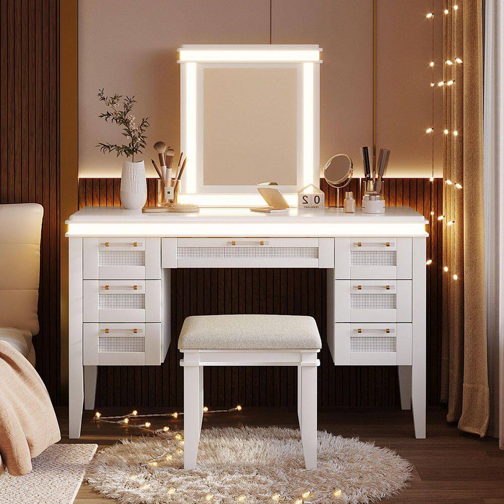 Qualler Light Beige Makeup Vanity Set with 7 Drawers and Cushioned ...