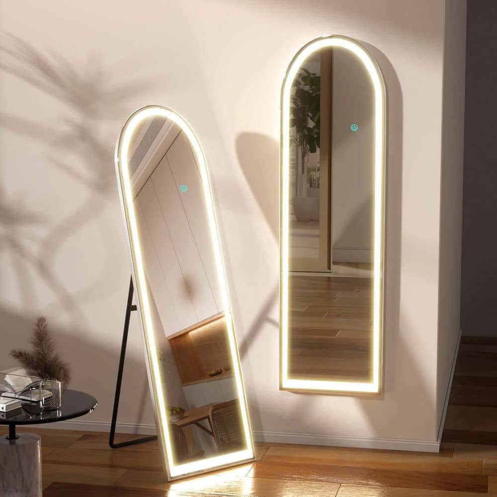 TENGYA LLC White 15.70 in. W x 59.80 in. H Rectangle 3 Color Lighting Full Length Mirror, Floor ...