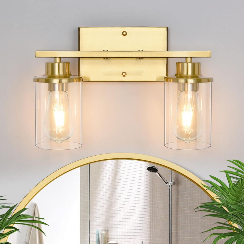 TinHon 14.7 in. Modern 2-Light Gold Vanity Light with Clear Glass ...