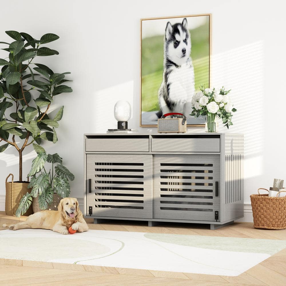 FUFU&GAGA Dog Crate Furniture for Two Dogs, Gray Heavy-Duty Wooden Dog ...