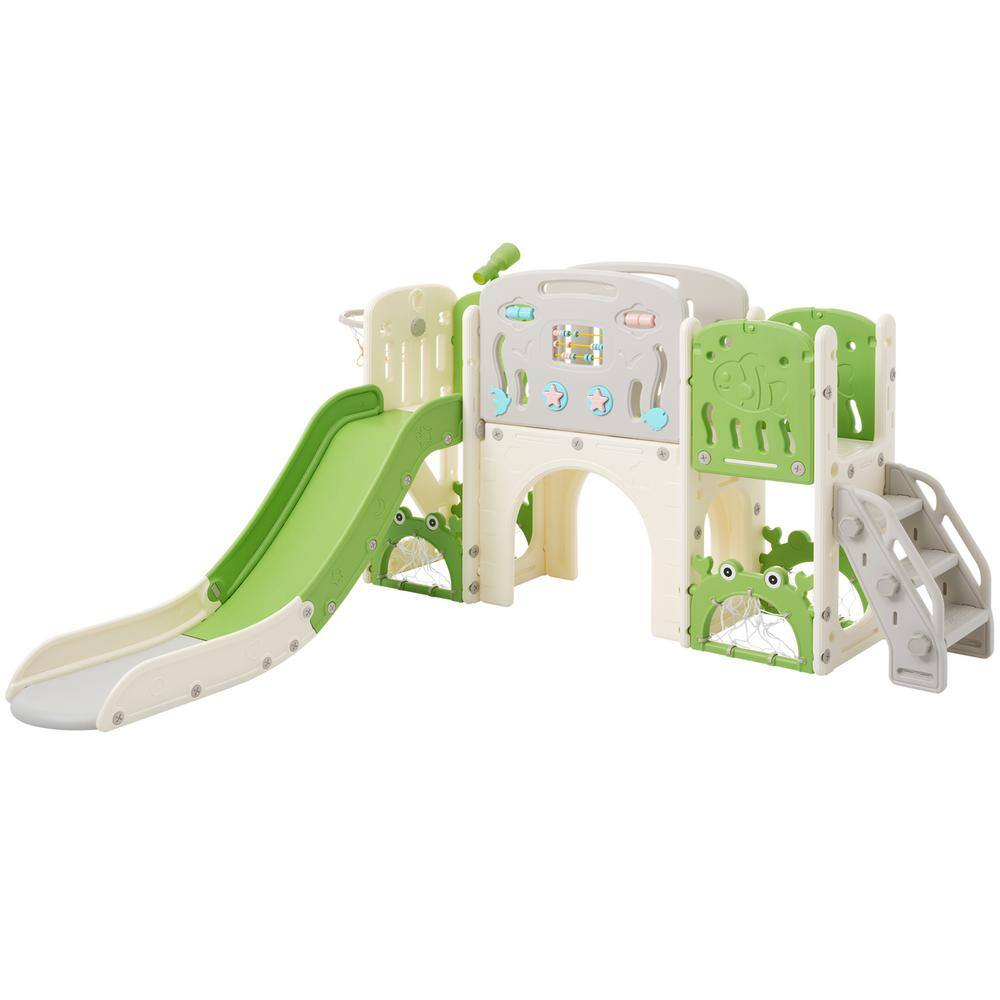 Green HDPE Indoor and Outdoor Playset with Buffer Slide and Toy Storage ...