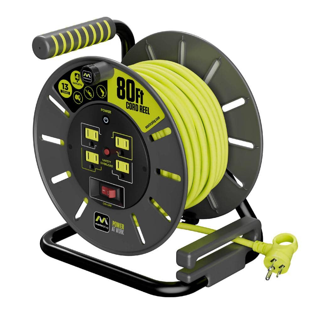 Masterplug Open Reel 80 ft. 14 AWG/3 13 Amp Extension Cord Reel with 4 ...