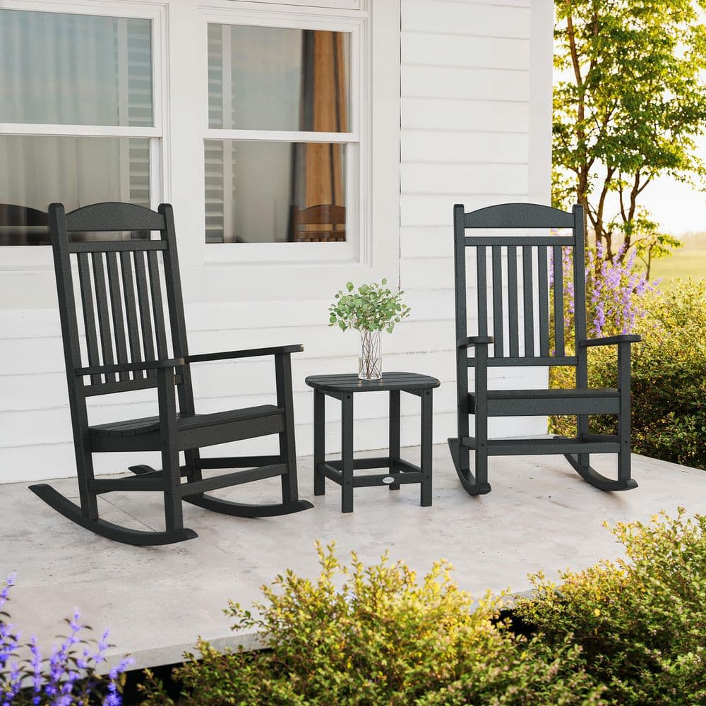 POLYWOOD Grant Park Plastic 3-Piece Black Outdoor Rocking Chair Set ...