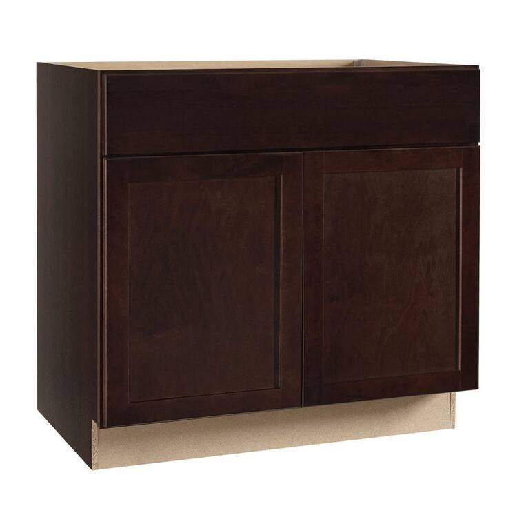 Hampton Bay Shaker 36 in. W x 24 in. D x 34.5 in. H Assembled Sink Base Kitchen Cabinet in Java ...