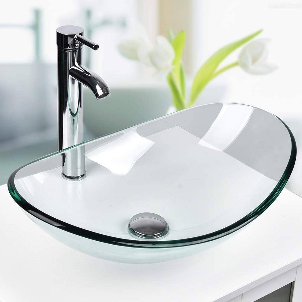 Puluomis Glass Oval Vessel Sink in Clear with Faucet Pop Up Drain Set ...