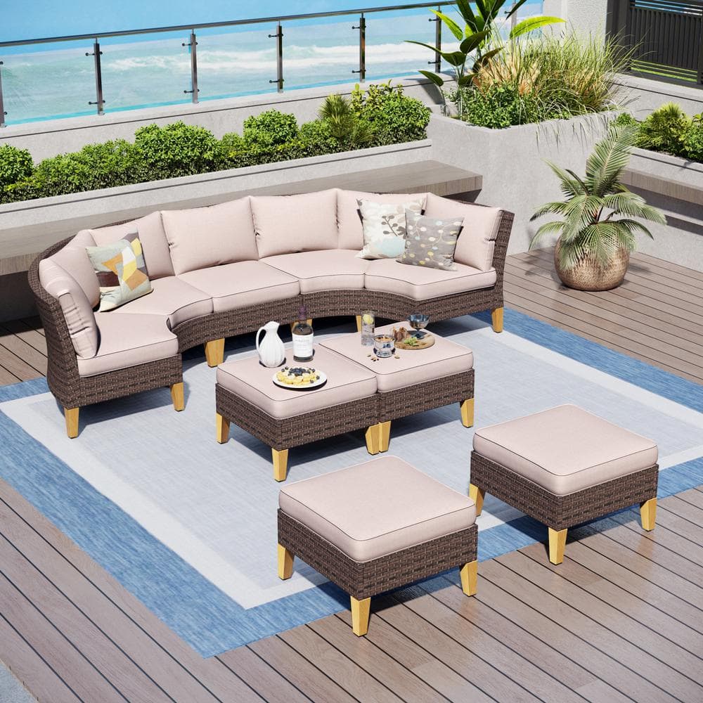 PHI VILLA Brown Rattan Wicker 9 Seat 9-Piece Steel Outdoor Patio ...
