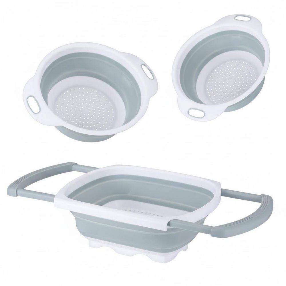 Collapsible Colander Set 3 Piece 6 qt. 4 qt. 2 qt. Gray Silicone ...
