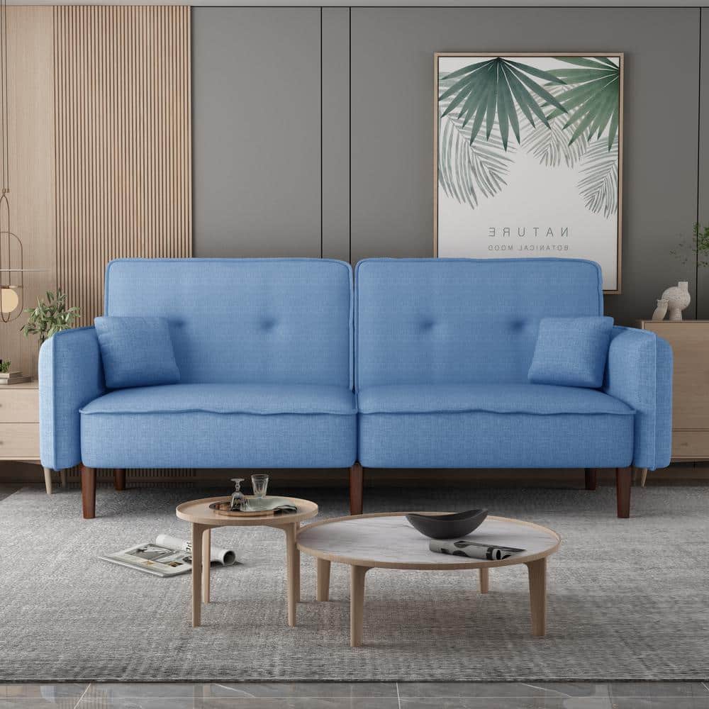 Z-joyee Blue Fabric Futon Sofa Bed for Living Room with Solid Wood Leg ...