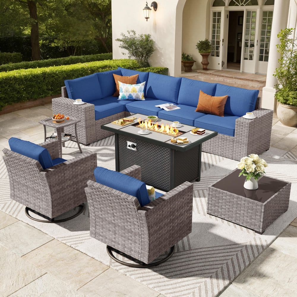XIZZI Beatrice 10-Piece Wicker Patio Rectangular Fire Pit Set with Navy ...