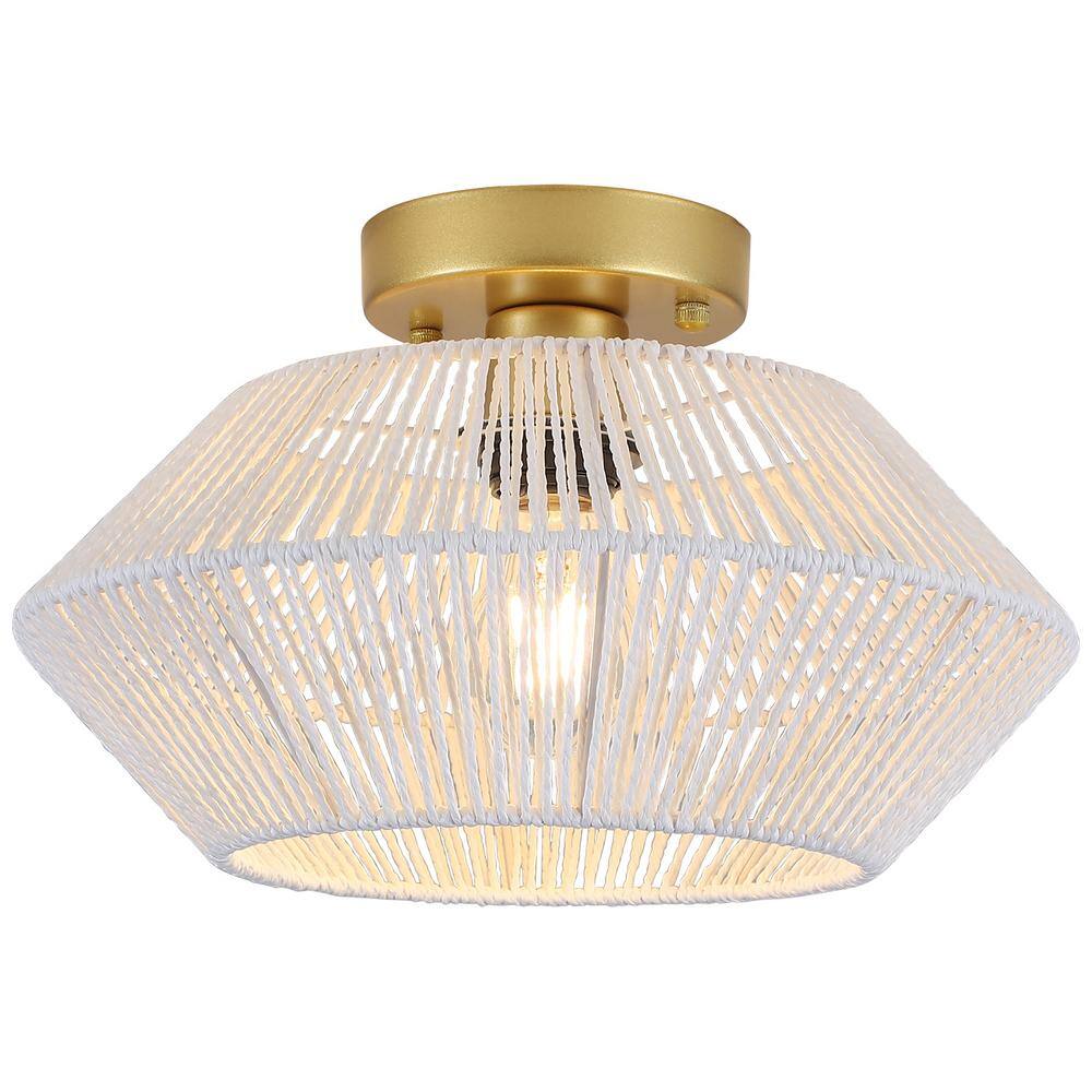 LWYTJO Semiko 12.6 in. 1-Light Gold/White Rattan Caged Semi Flush Mount ...