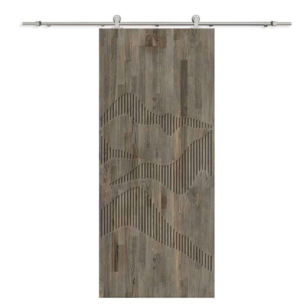 CALHOME 28 in. x 84 in. Weather Gray Stained Solid Wood Modern Interior Sliding Barn Door with ...
