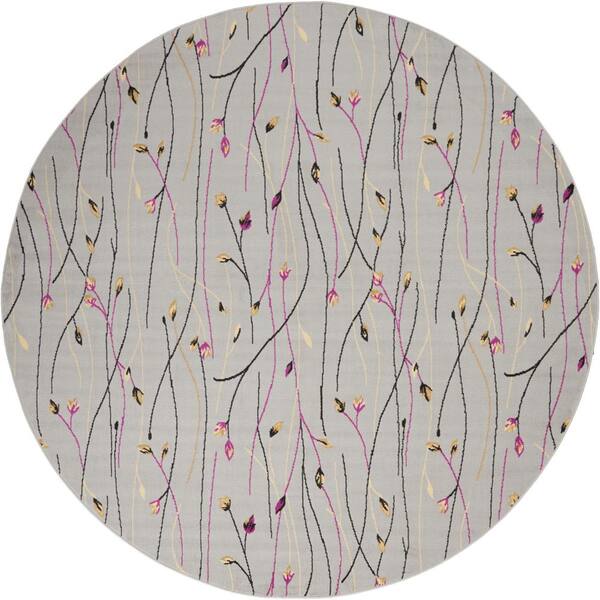 Nourison Grafix Grey 8 ft. x 8 ft. Floral Contemporary Round Rug 728906 ...
