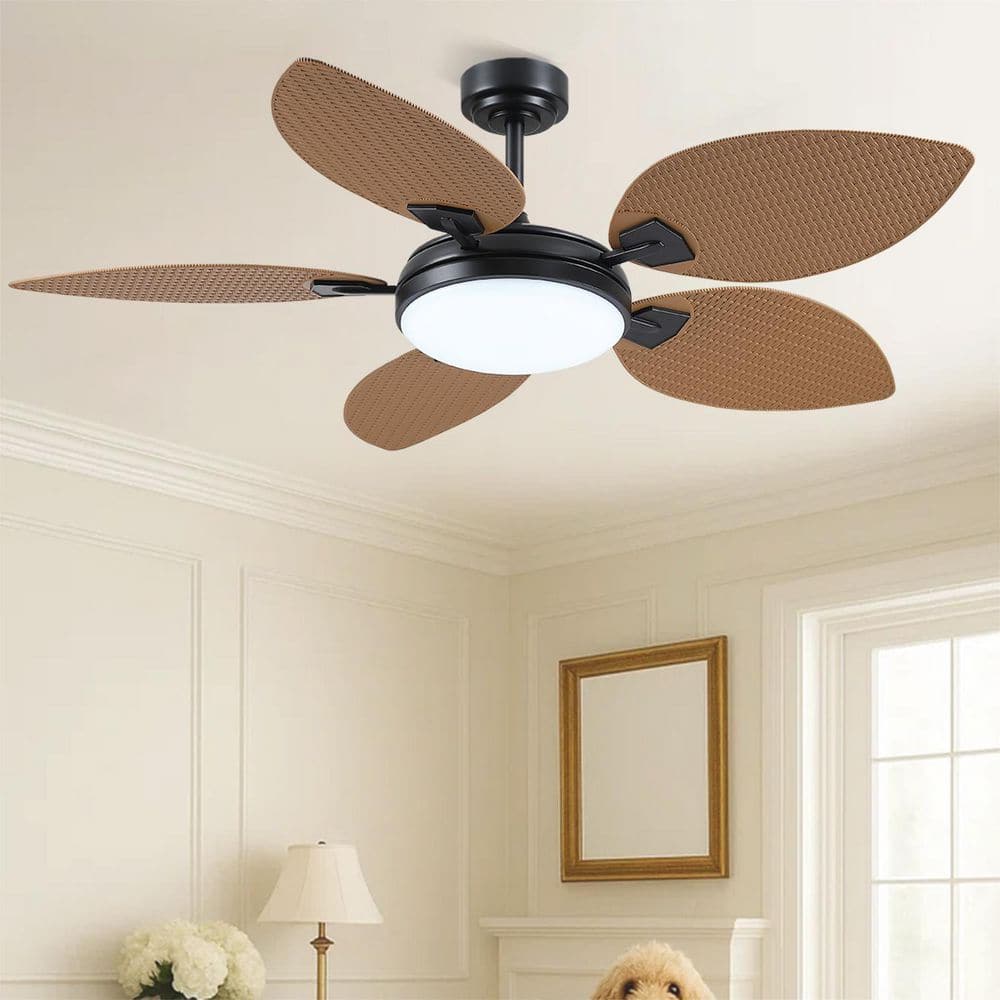 Kviflon 52 in. Indoor/Outdoor Light Black 5 Palm Leaf Shaped Blades Ceiling Fan with Dimmable ...