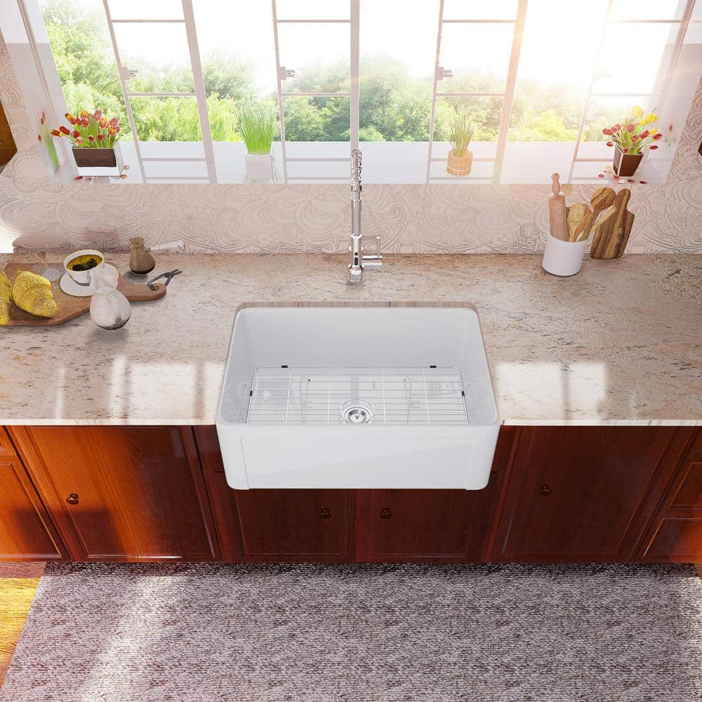Apron Front 30inch White Farmhouse Fireclay Kitchen Sink with Grid and ...
