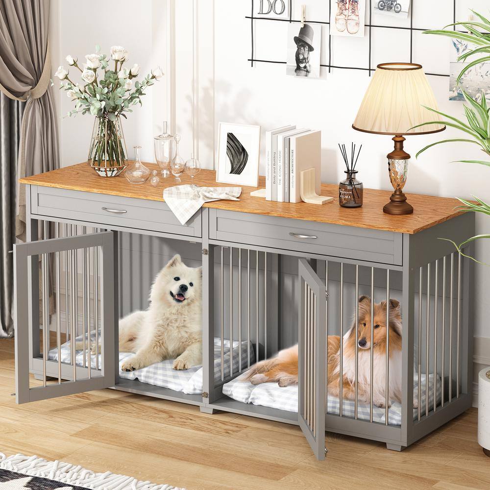 FUFU&GAGA Large Wooden Dog House with Drawers & Divider, Furniture Style Dog Crate, Gray and ...