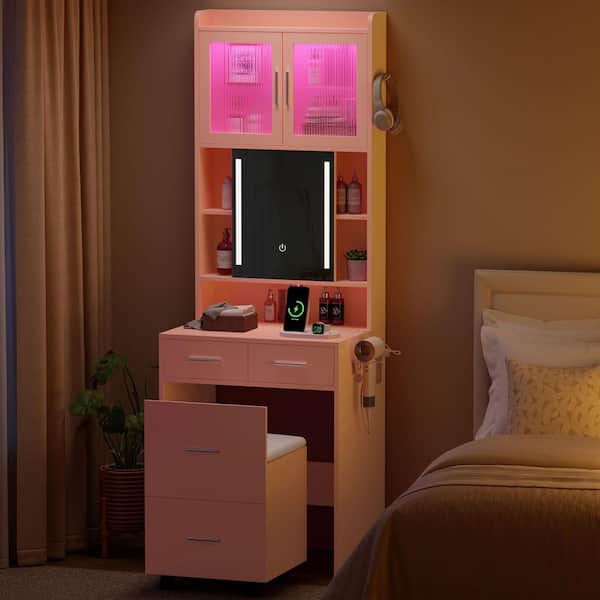 Karl home 2-Piece Apple Pink Makeup Vanity Set with Textured Melamine ...