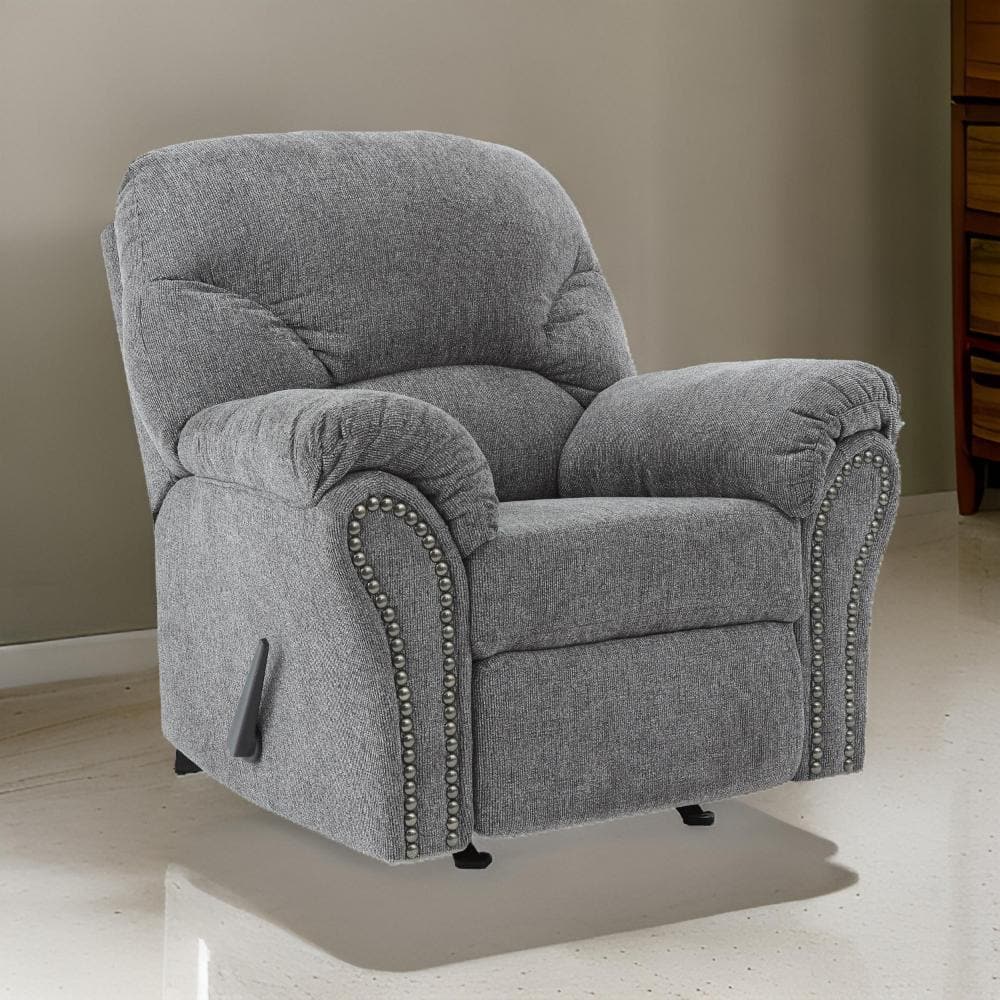 Benjara Gray Fabric Rocker Recliner with Nickel Nailhead Trim BM209311 ...