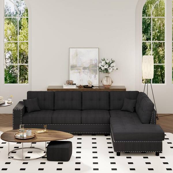 Florence black sectional sofa with ottoman store