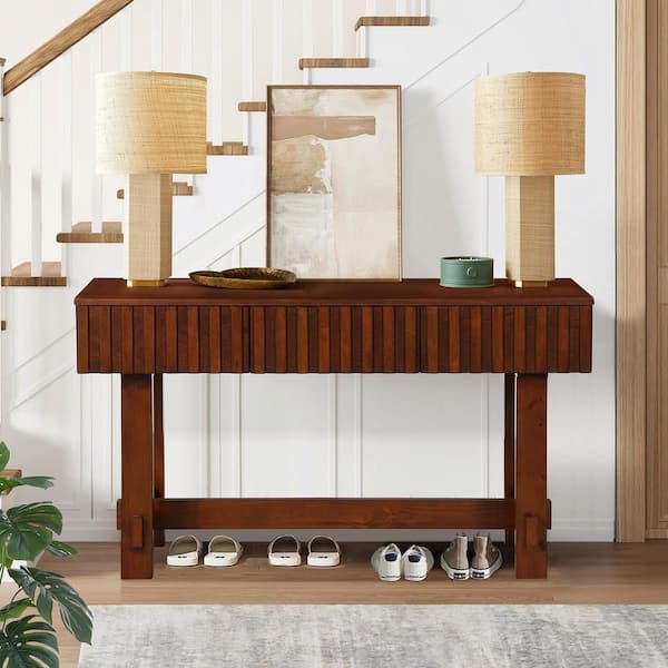 Noble House Luna 52 in. Cherry Rectangle Wood Console Table with Fluted ...