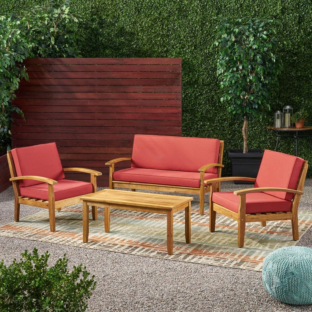Noble House 4-Piece Wood Patio Seating Set with Red Cushions 11057 ...