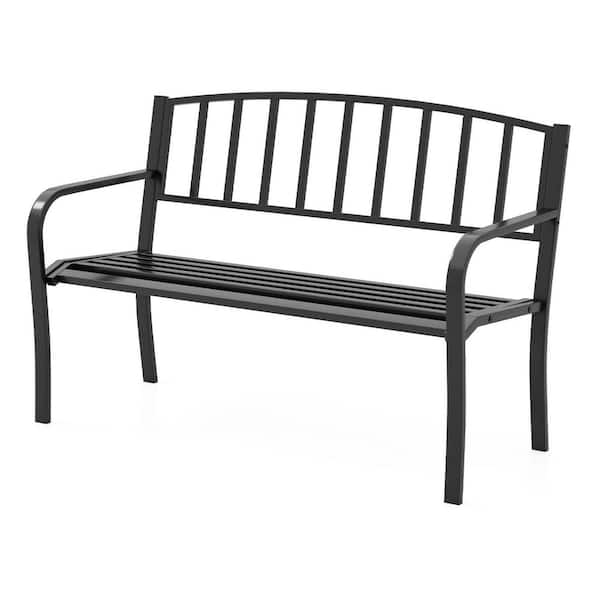 50 in. Black Metal Outdoor Patio Garden Bench with Slatted Backrest and ...